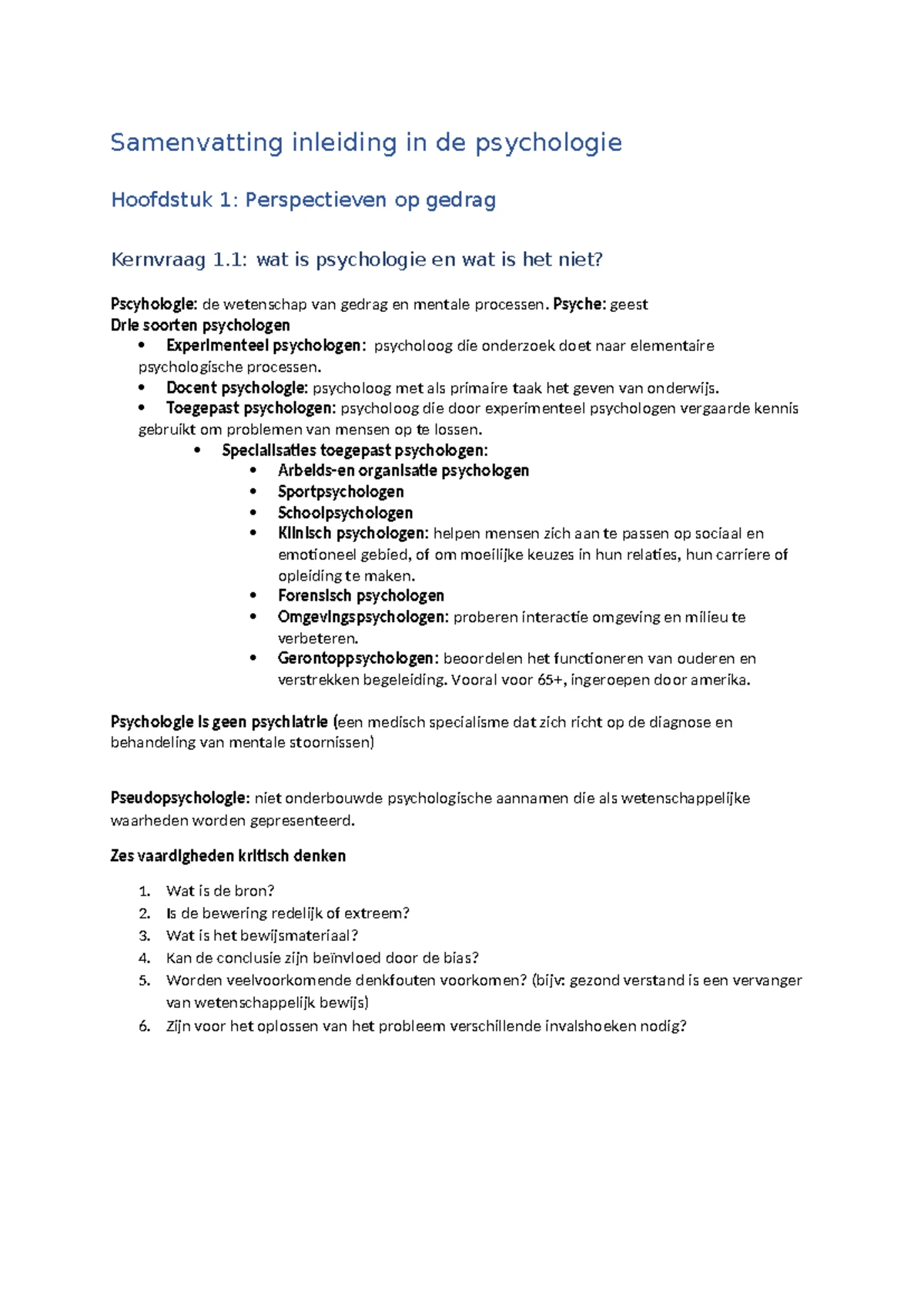 Leerdoelen inleiding psychologie - Samenvatting leerdoelen: Inleiding ...