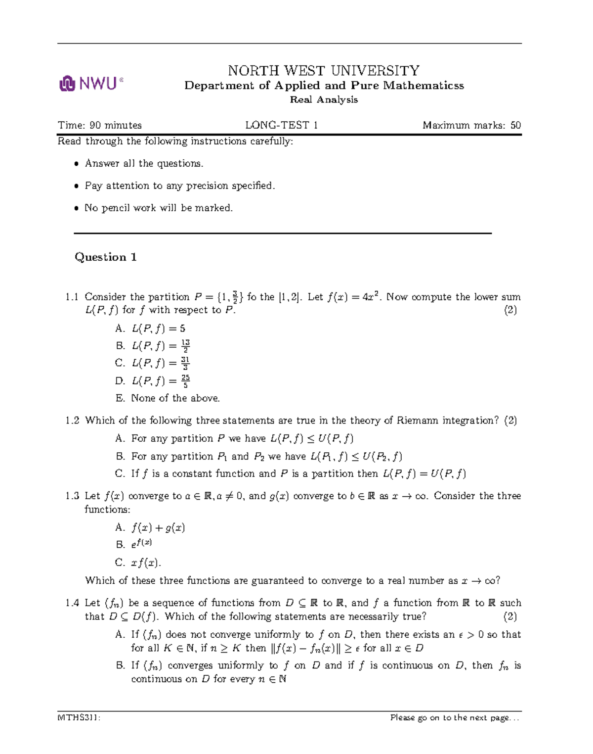 Real Analysis Long Test MTHS311: Instructions and Questions - Studocu