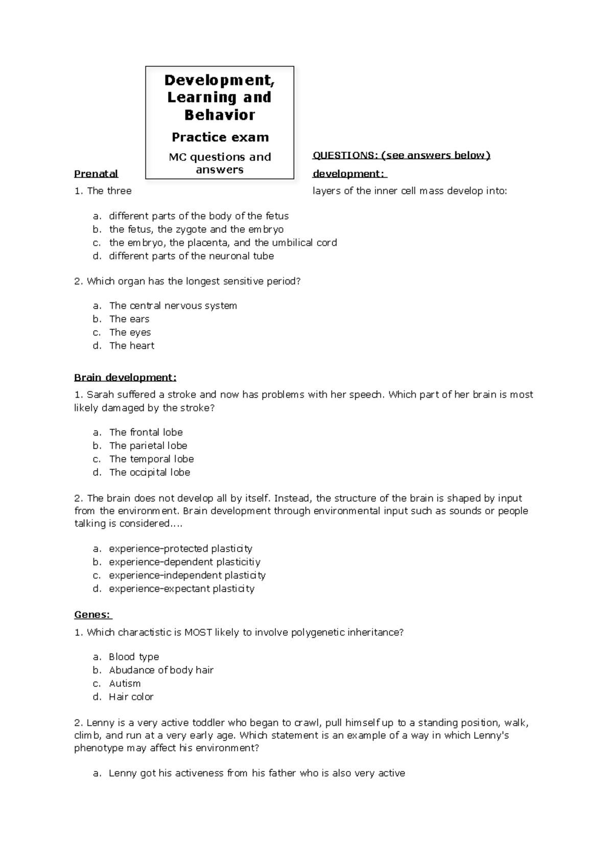 Development, Learning, and Behavior Practice Exam MC Questions ...