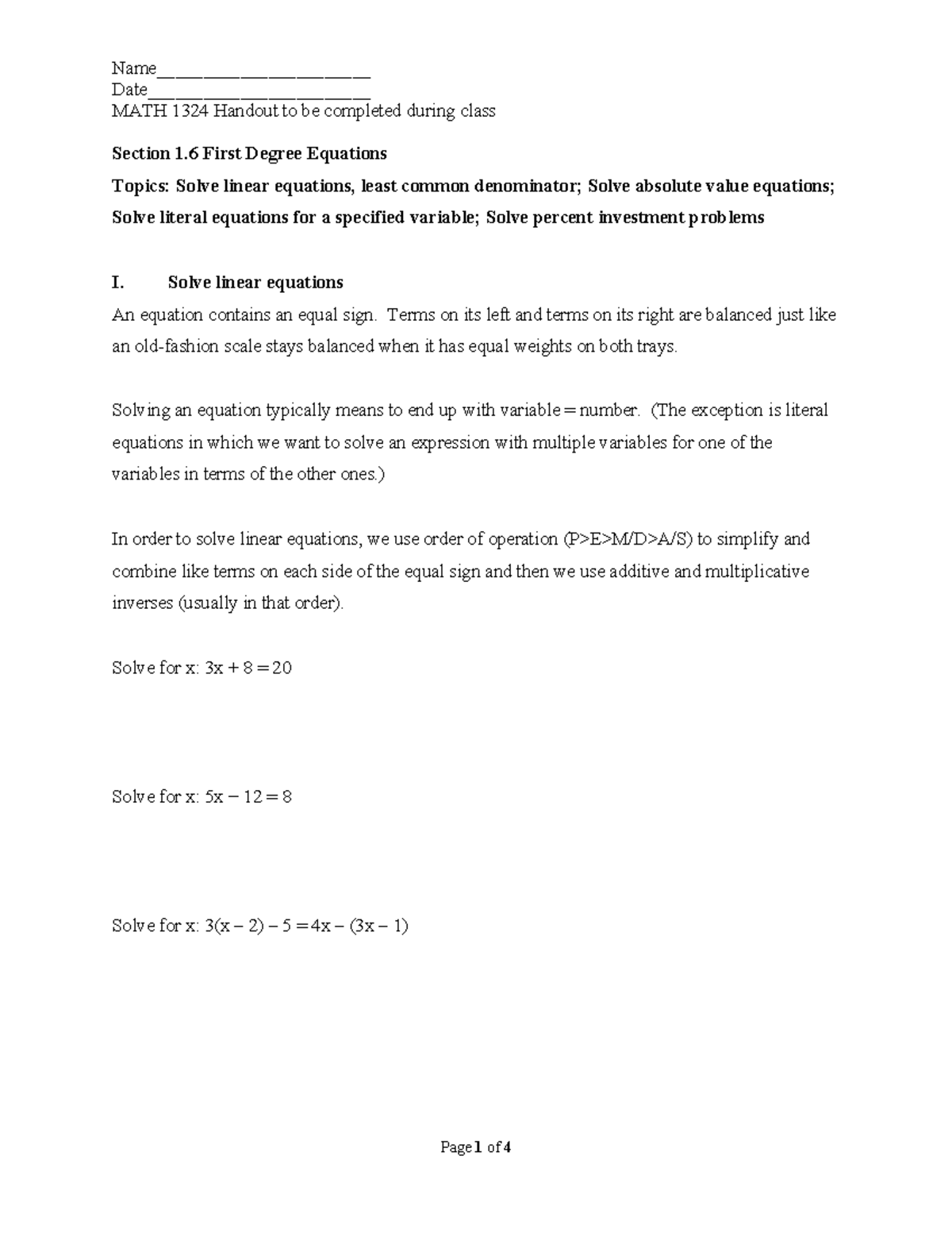 MATH 1324 Class Handout: Solving First Degree Equations - Studocu