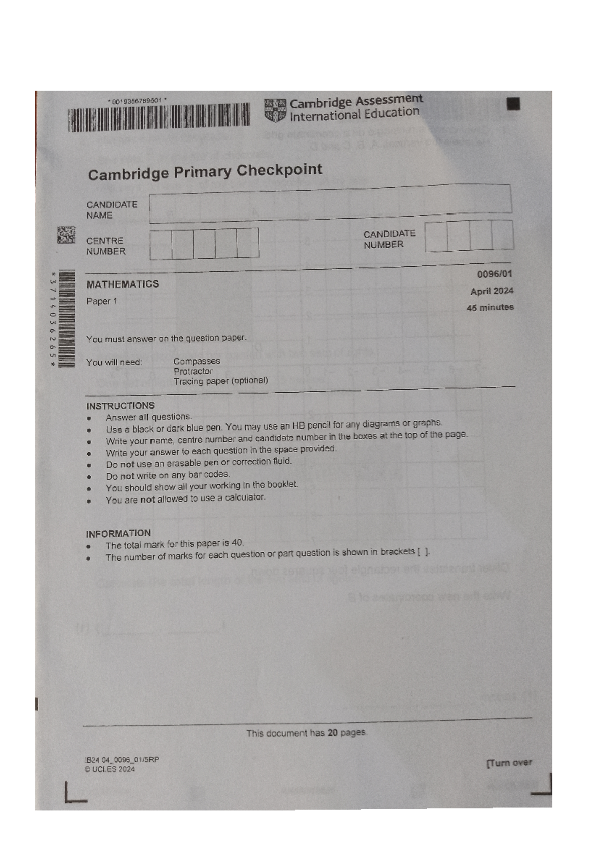 Cambridge Primary Checkpoint Mathematics Paper 1 (764656343) - April ...