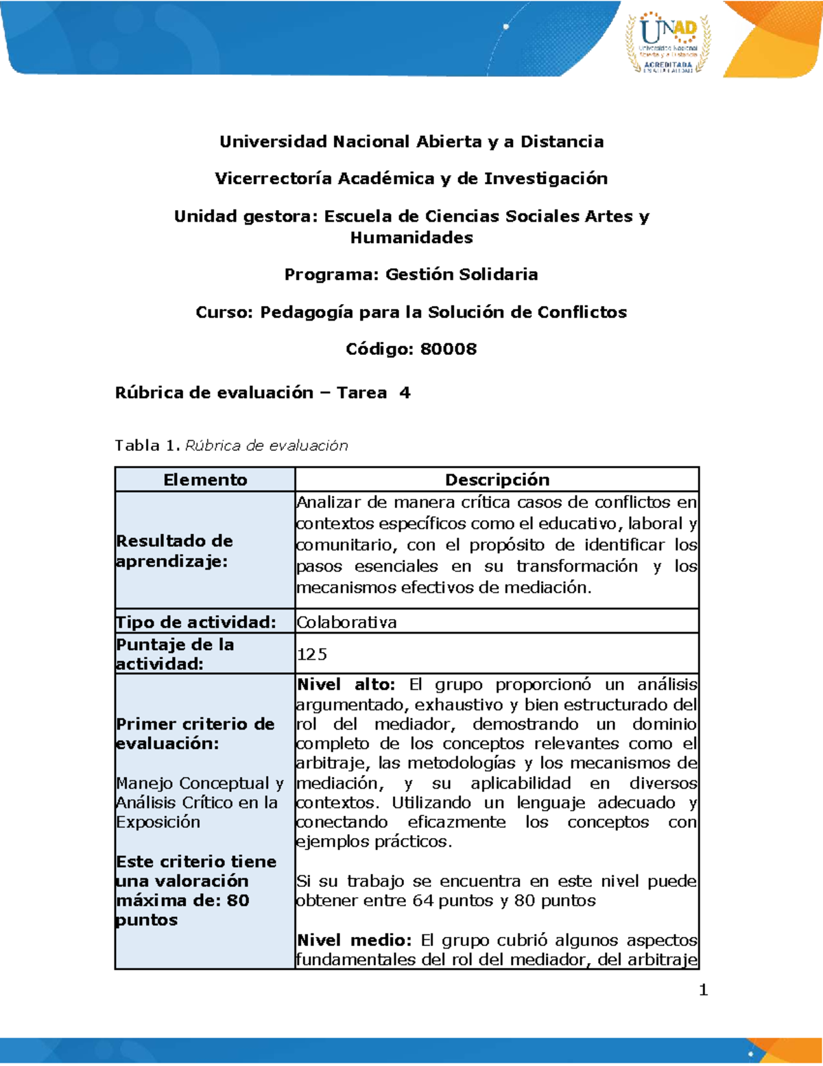 Rúbrica de Evaluación Tarea 4: El Rol del Mediador en Conflictos - Studocu