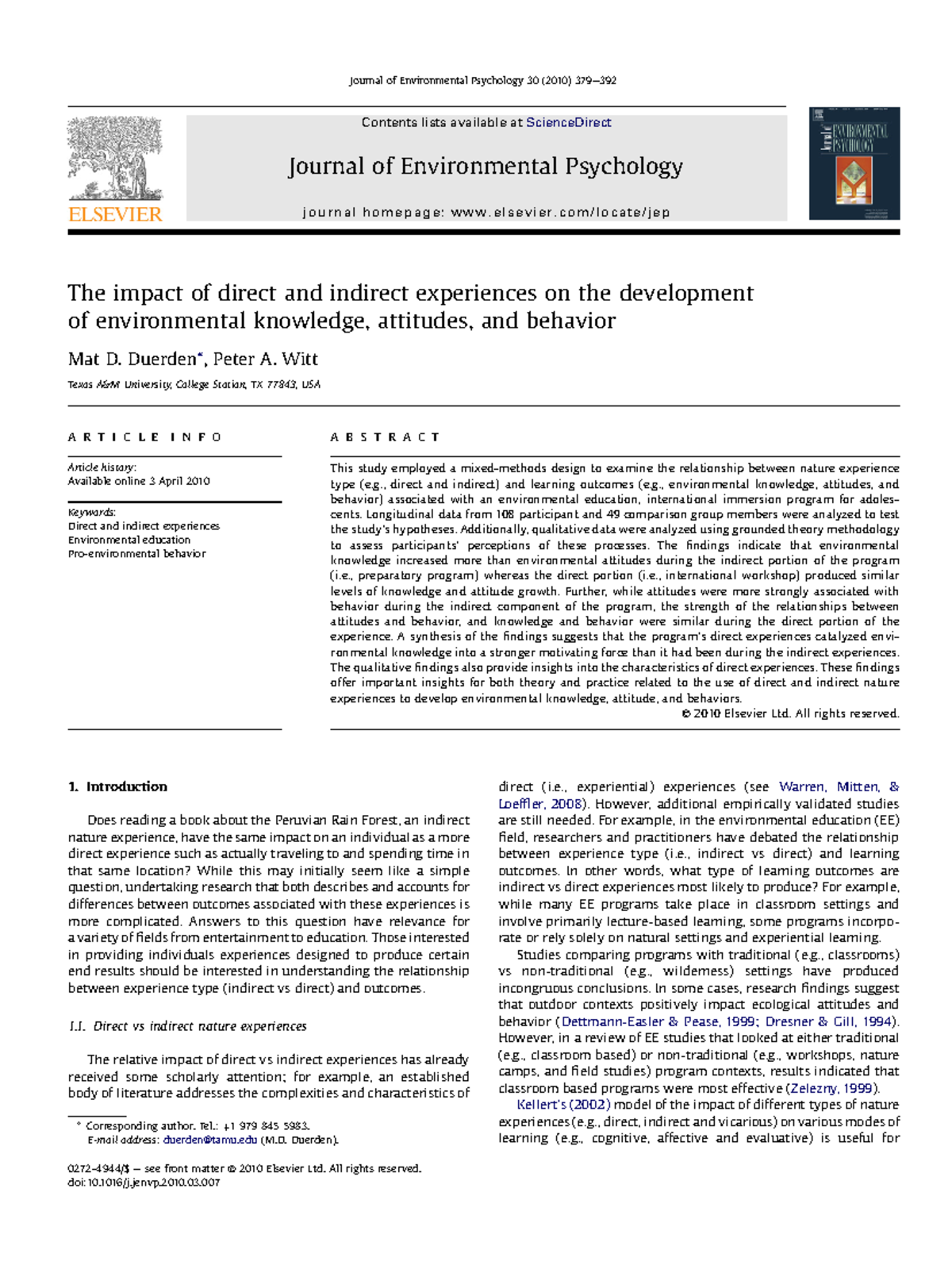 The Impact of Direct and Indirect Experiences on Environmental ...
