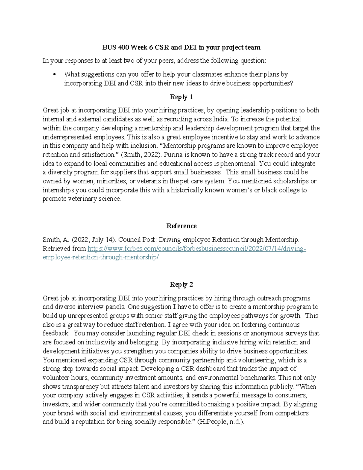 BUS 400 Week 6 Peer Responses on CSR and DEI Strategies - Studocu