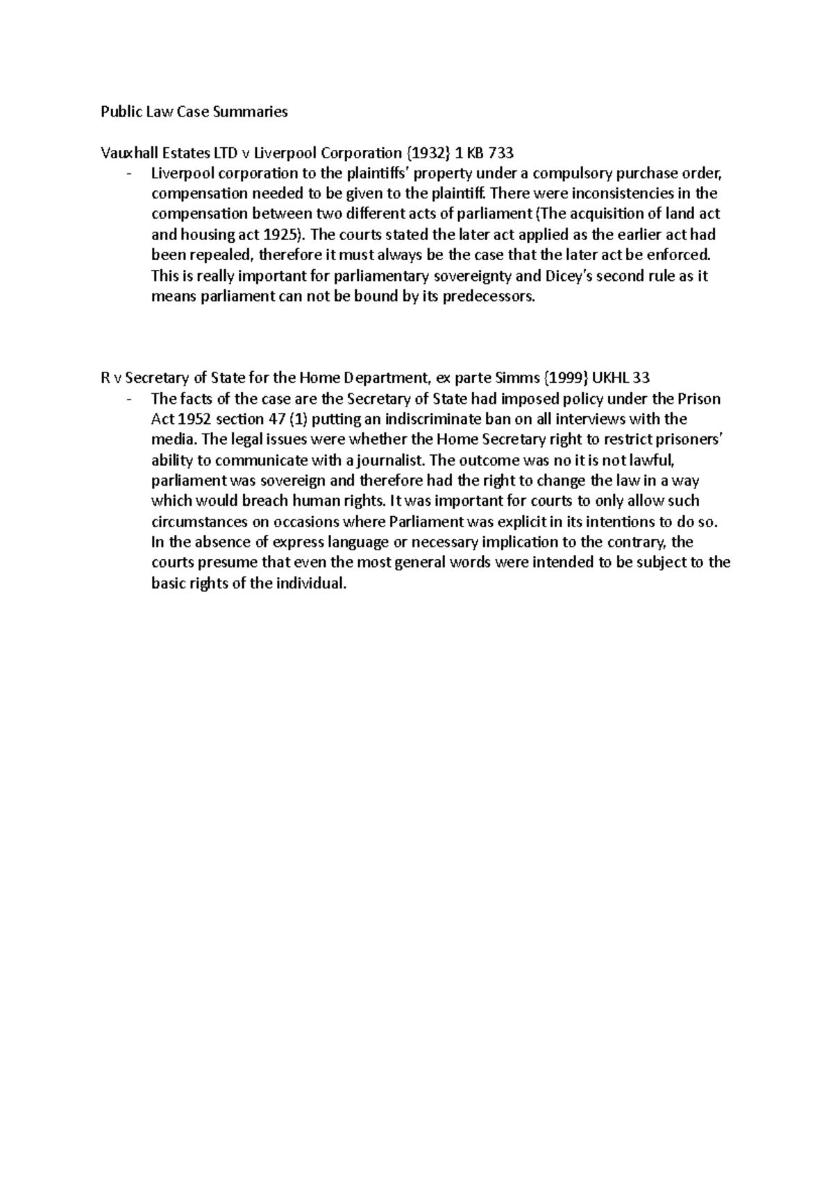 Public Law Case Summaries - Key Legal Principles Explained - Studocu