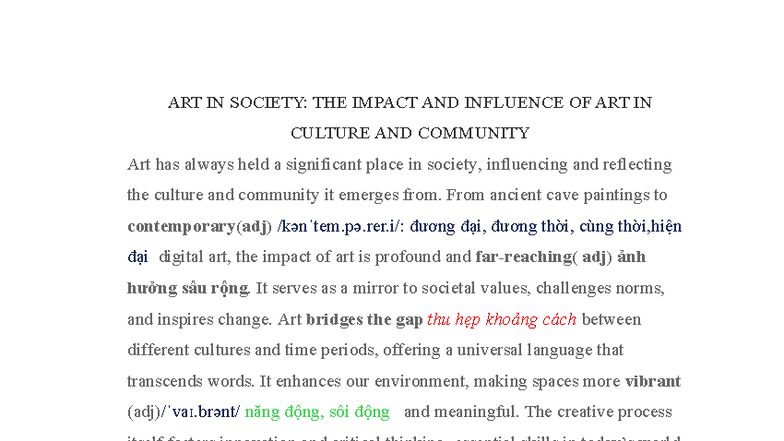 ART IN SOCIETY: THE SIGNIFICANCE OF ART IN CULTURE AND COMMUNITY - Studocu