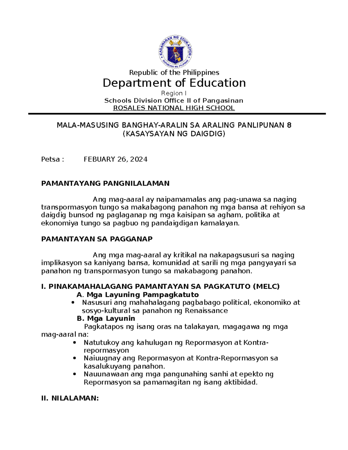 Repormasyon Lesson Plan para sa Araling Panlipunan 8 (2024) - Studocu