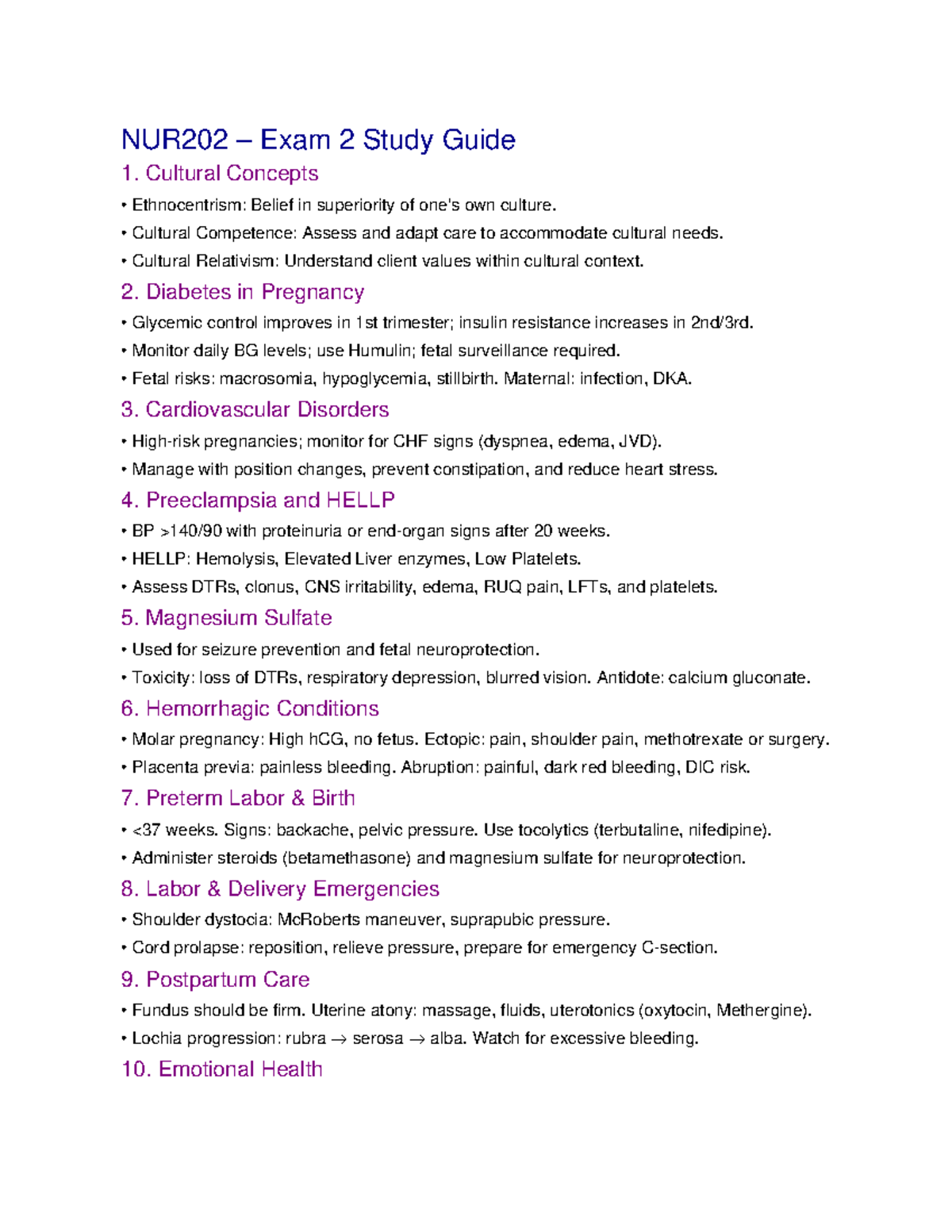 NUR202 Exam 2 Study Guide: Key Concepts in Maternal Health Care - Studocu