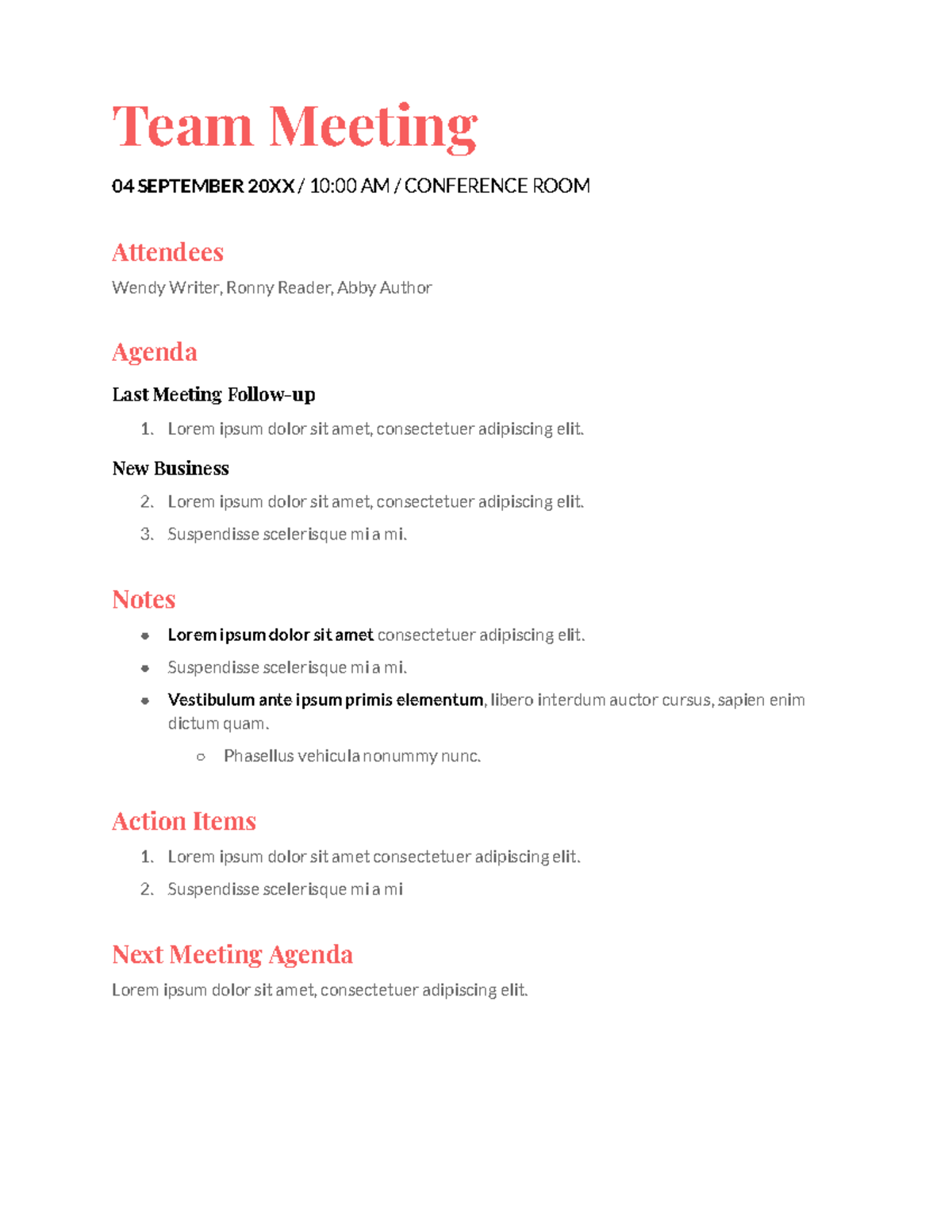 Meeting notes - Sample - Team Meeting 04 SEPTEMBER 20XX / 10:00 AM ...