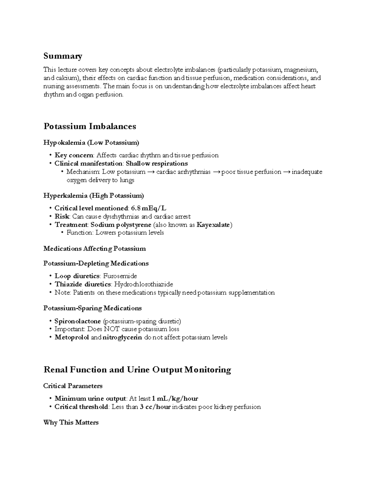 Quiz 1 Review: Electrolyte Imbalances & Cardiac Function - Studocu