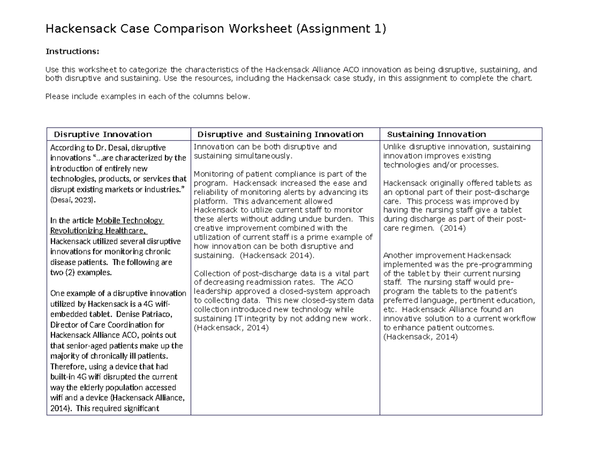 Hackensack Case Comparison Worksheet (Assignment 1) Analysis - Studocu
