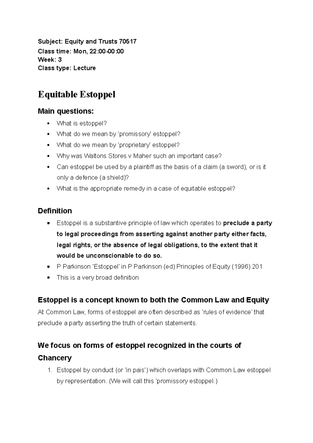 Equity and Trusts 70517 - Week 3 Lecture on Equitable Estoppel - Studocu