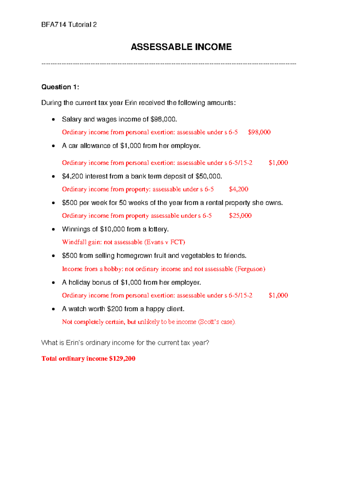 Tutorial 2 (wk3) BFA714 solution - BFA714 Tutorial 2 ASSESSABLE INCOME ...