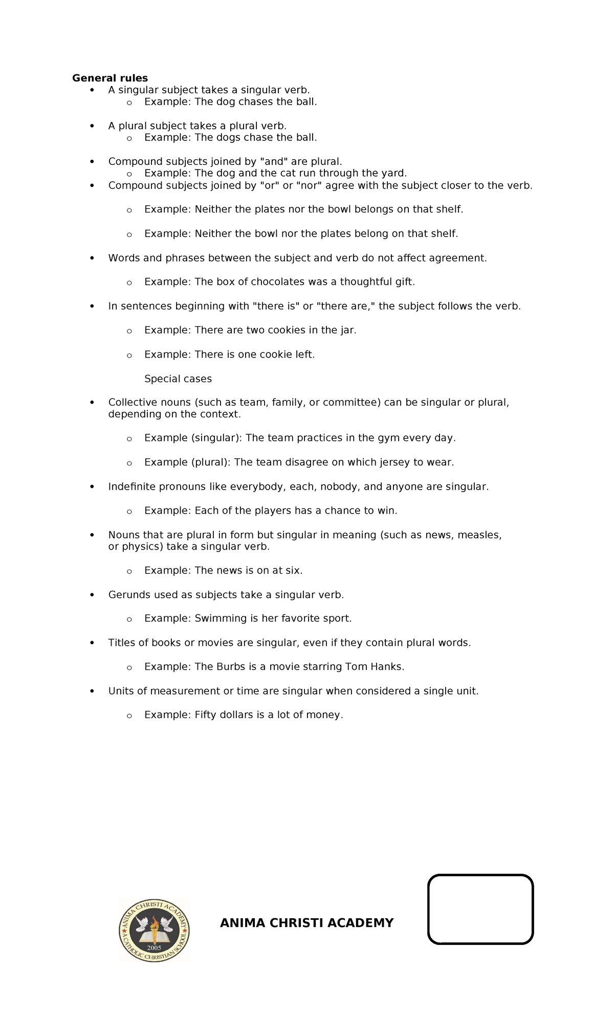 CI Worksheet 2: Subject-Verb Agreement & Math Problems for Grade 6 ...