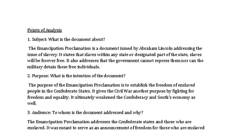 Analysis of the Emancipation Proclamation: Key Points and Impact - Studocu