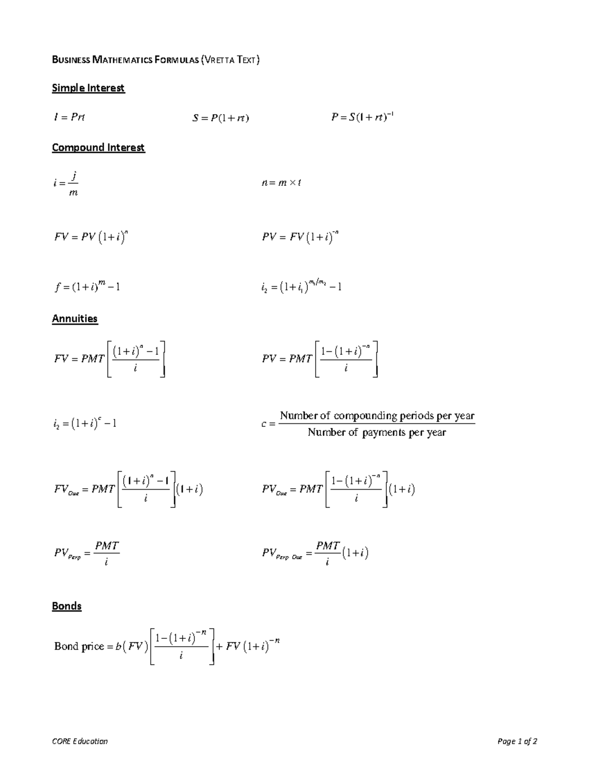 Business Mathematics Formulas and Functions (Vret 4th Ed) - CORE ...