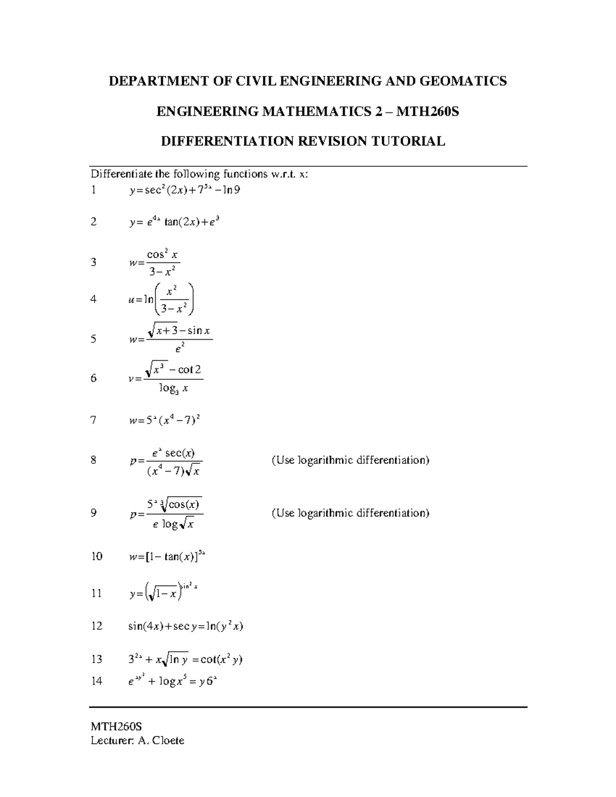 Revision Differentiation Tutorial - MTH260S Lecturer: A. Cloete ...