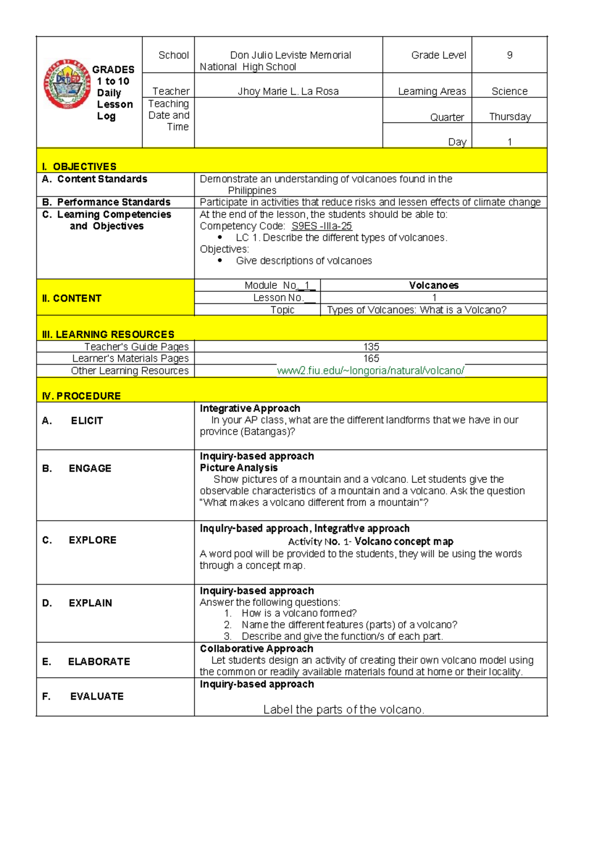 DLL G9 Science Lesson Log: Understanding Volcanoes and Eruptions - Studocu