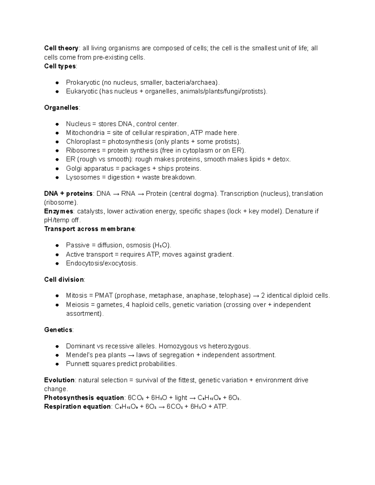 Biology Notes: Cell Theory, Genetics, and Evolution Overview - Studocu