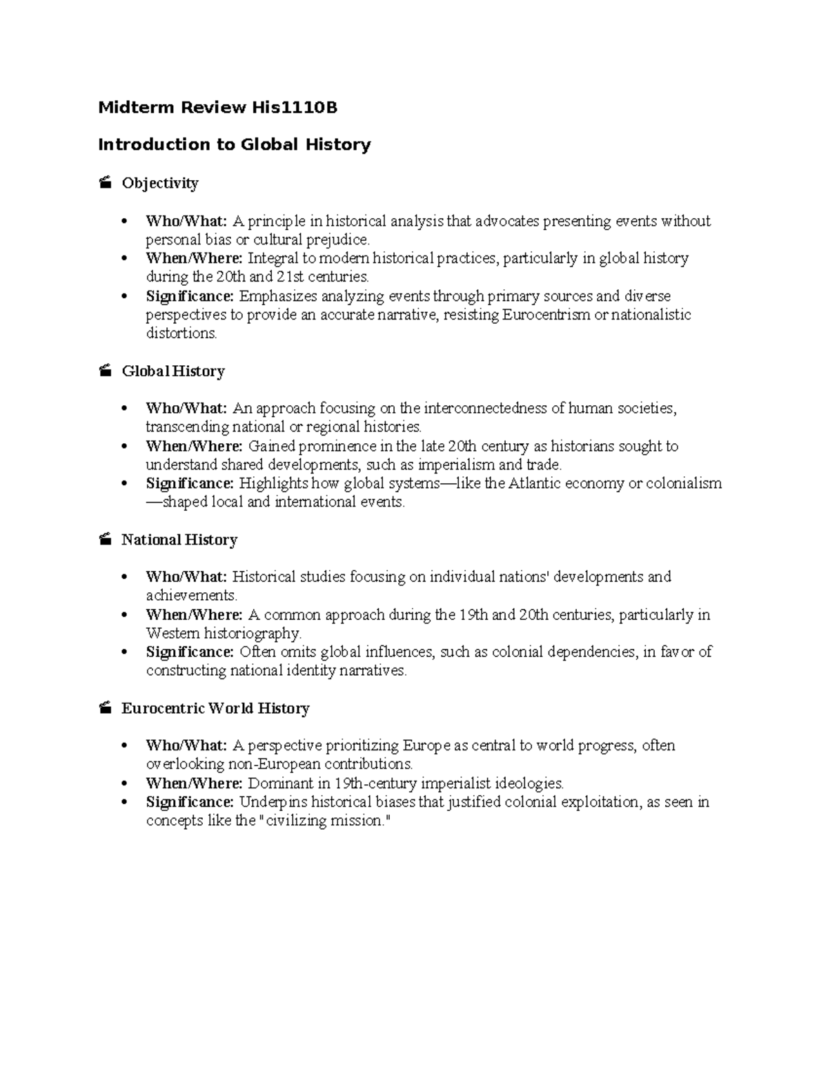 Midterm Review: Key Concepts in Global History (HIS1110B) - Studocu