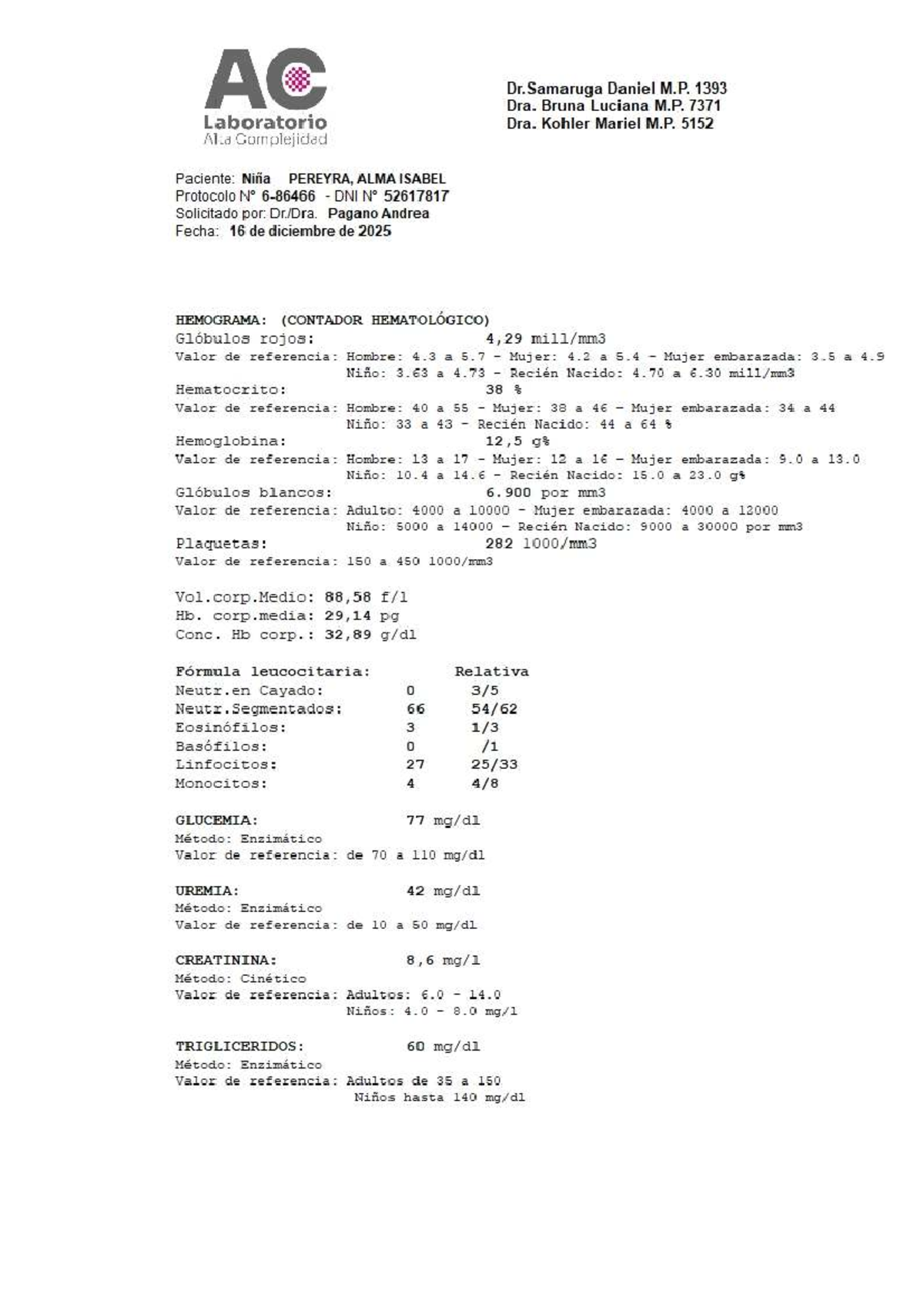 Informe de Laboratorio Alta Complejidad - Paciente PEREYRA, ALMA ISABEL ...
