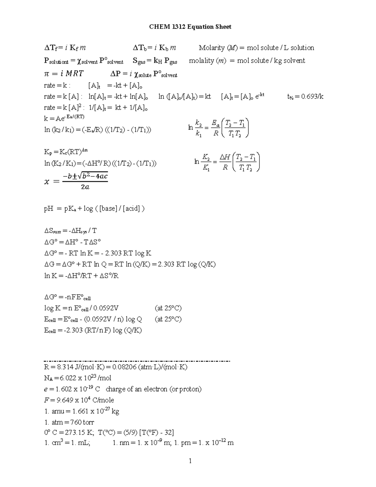 CHEM 1312 Final Exam Equation Sheet and Handout for Gen Chem II - Studocu