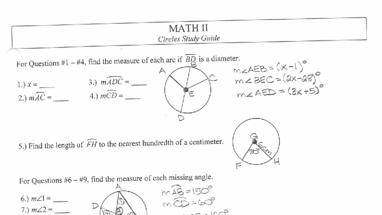 MATH II Circles Study Guide & Answer Key for Arc Measures - Studocu