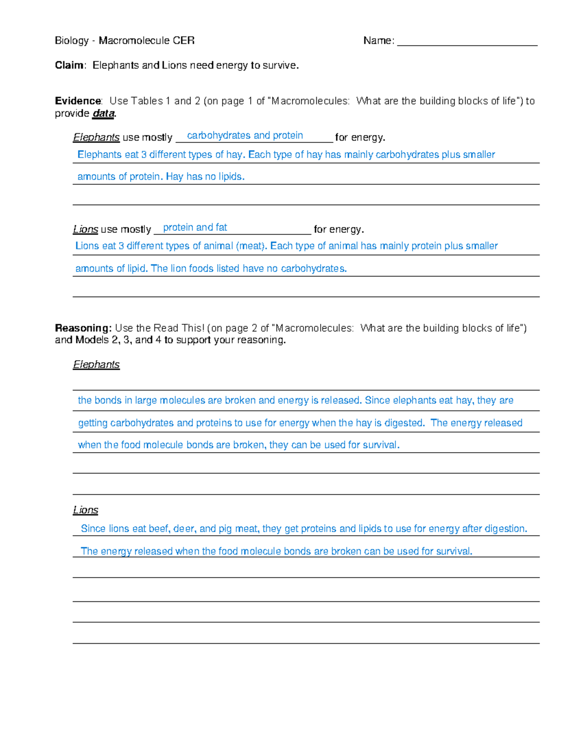 CER for Macromolecules Lab - Biology - Macromolecule CER Name ...