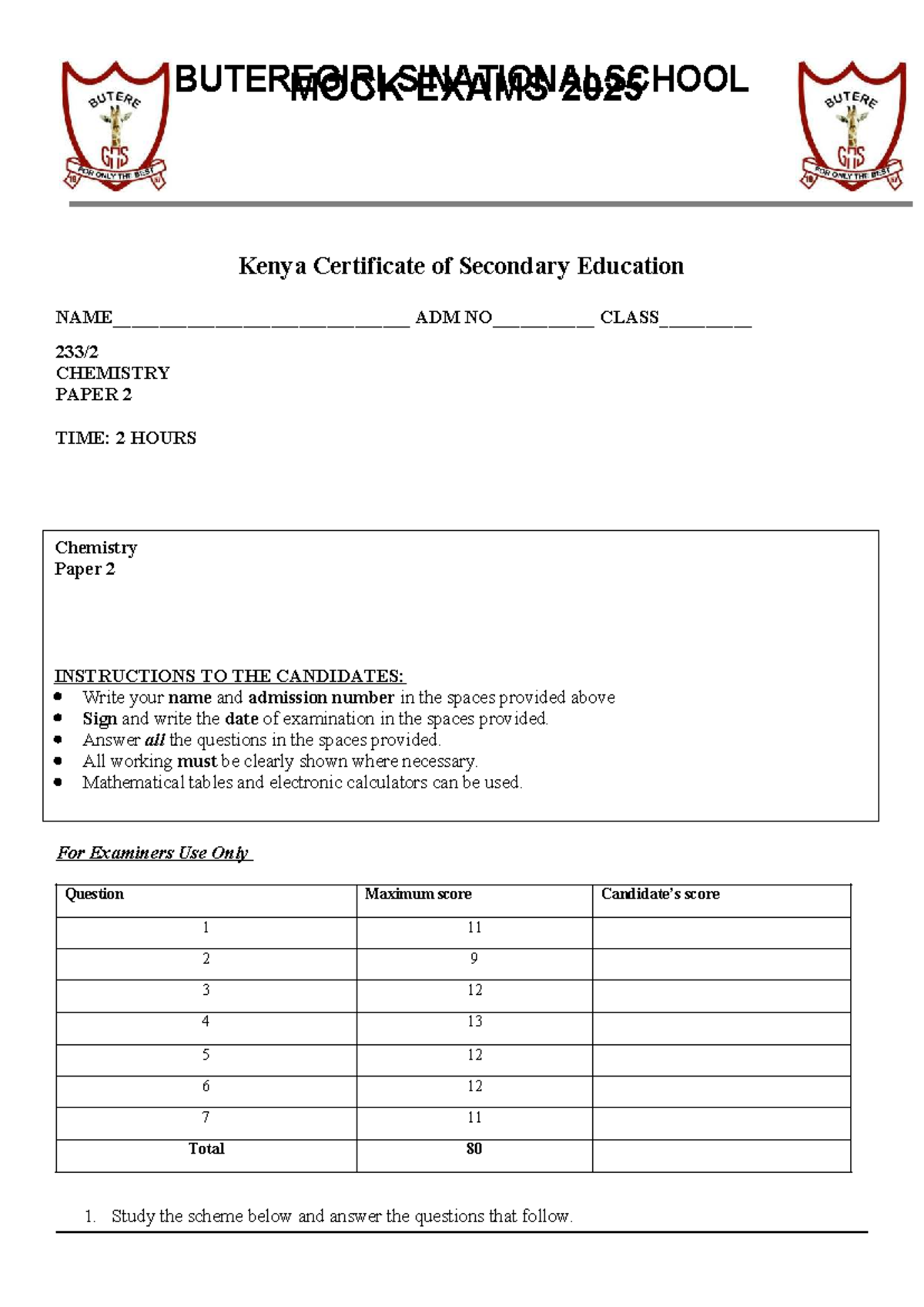 Chemistry Paper 2 Mock Exam 2025 - Kenya Certificate of Secondary ...