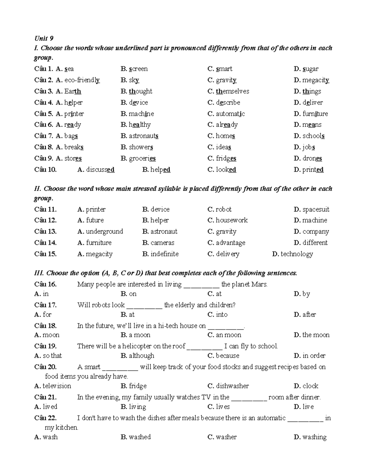 Đề ILSW 6 - Azota - Unit 9 - Pronunciation & Vocabulary Exercises - Studocu