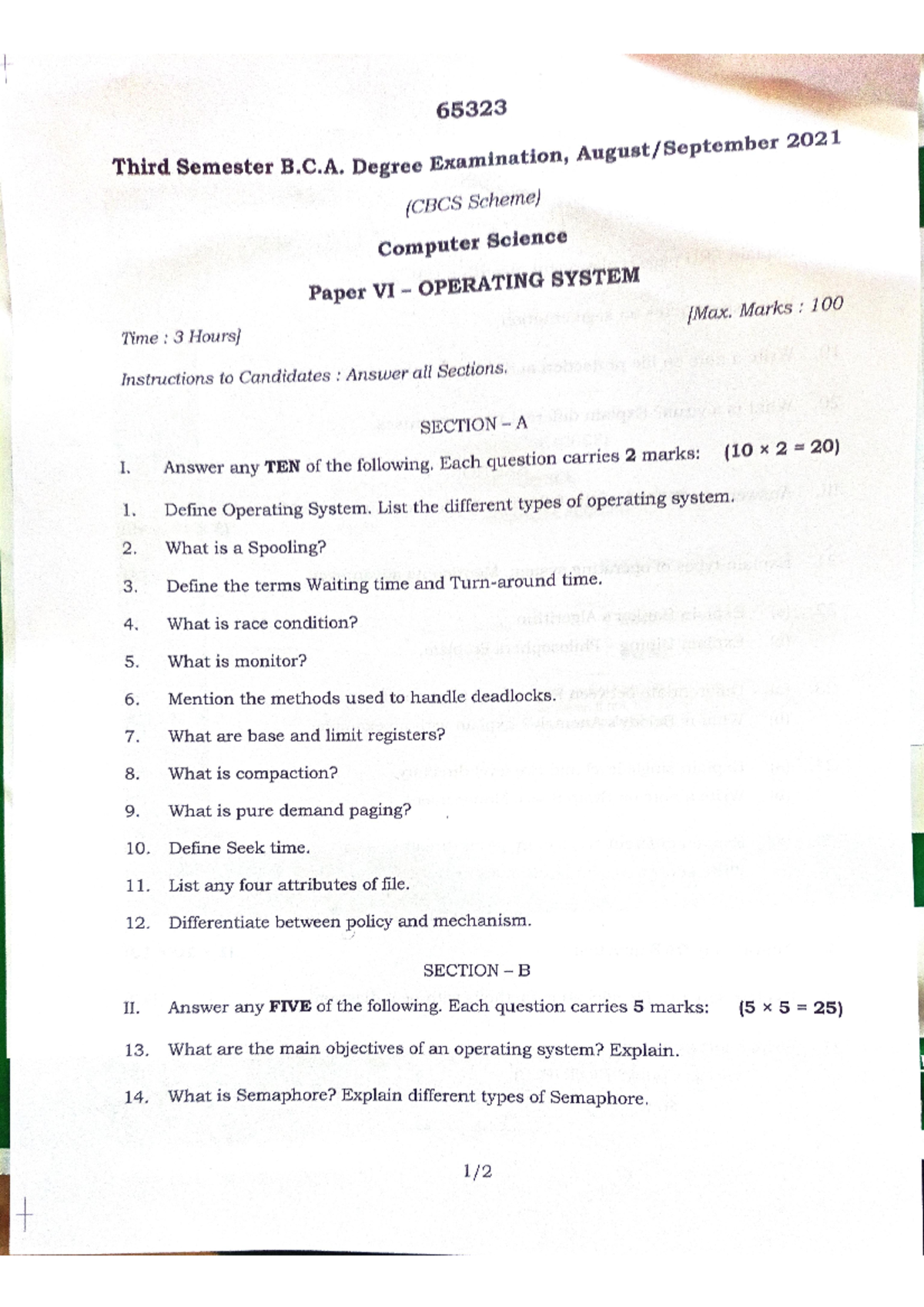 Operating system 2021 - OR 2021 question paper - BCA - Studocu