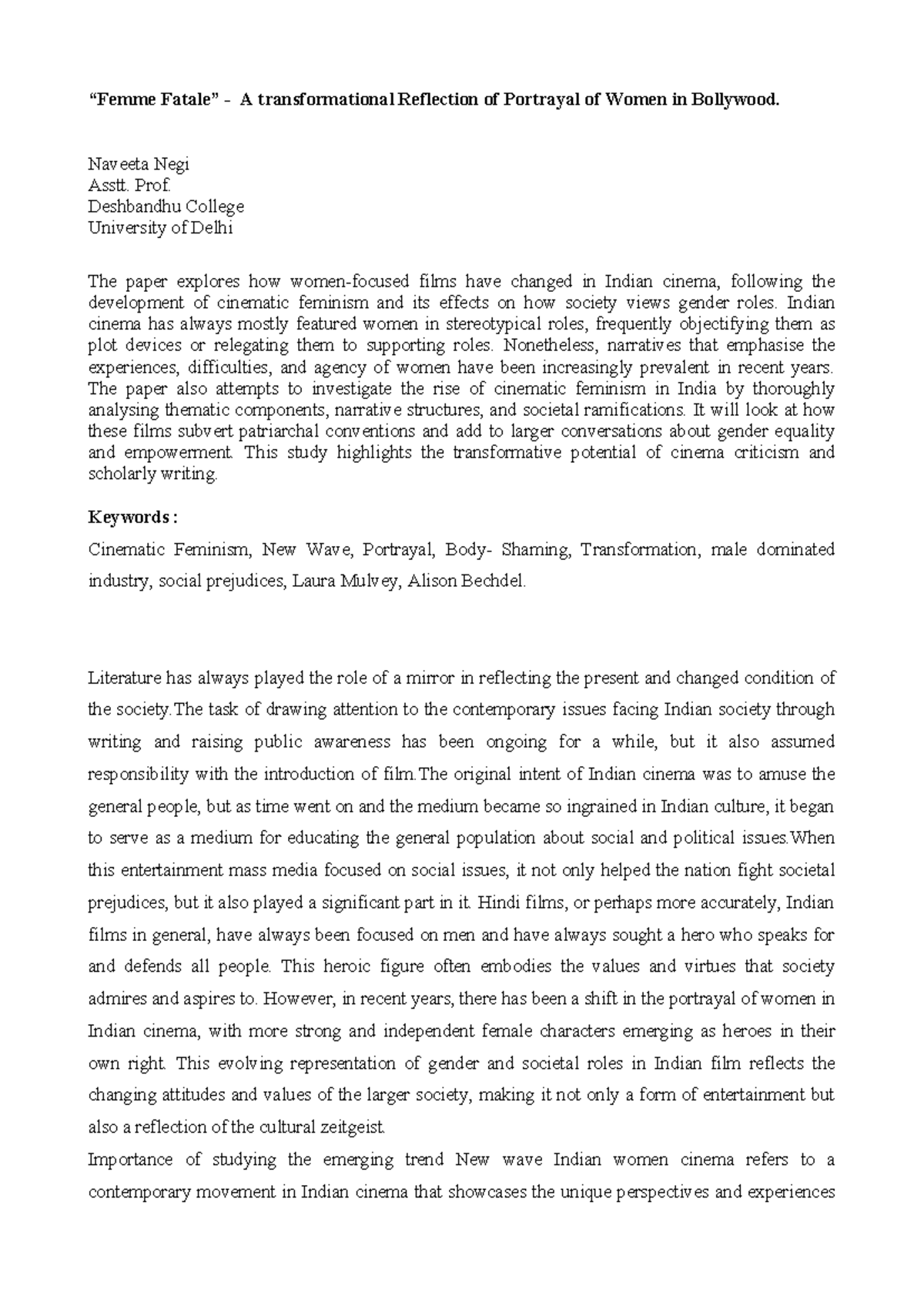 Femme Fatale: Visual Representation & Cultural Studies in Bollywood - Studocu