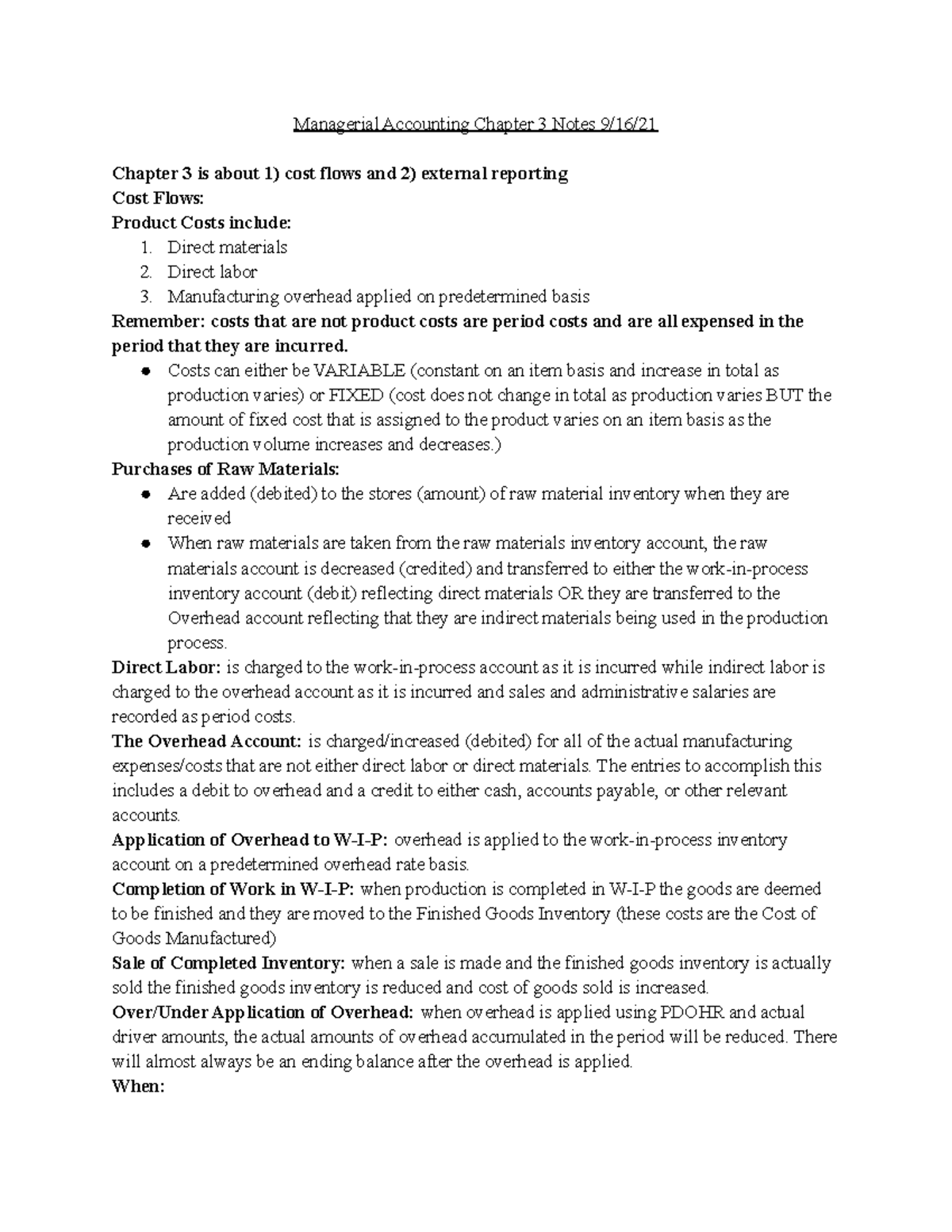Managerial Accounting ACC 301 Chapter 3 Cost Flows Overview Notes - Studocu