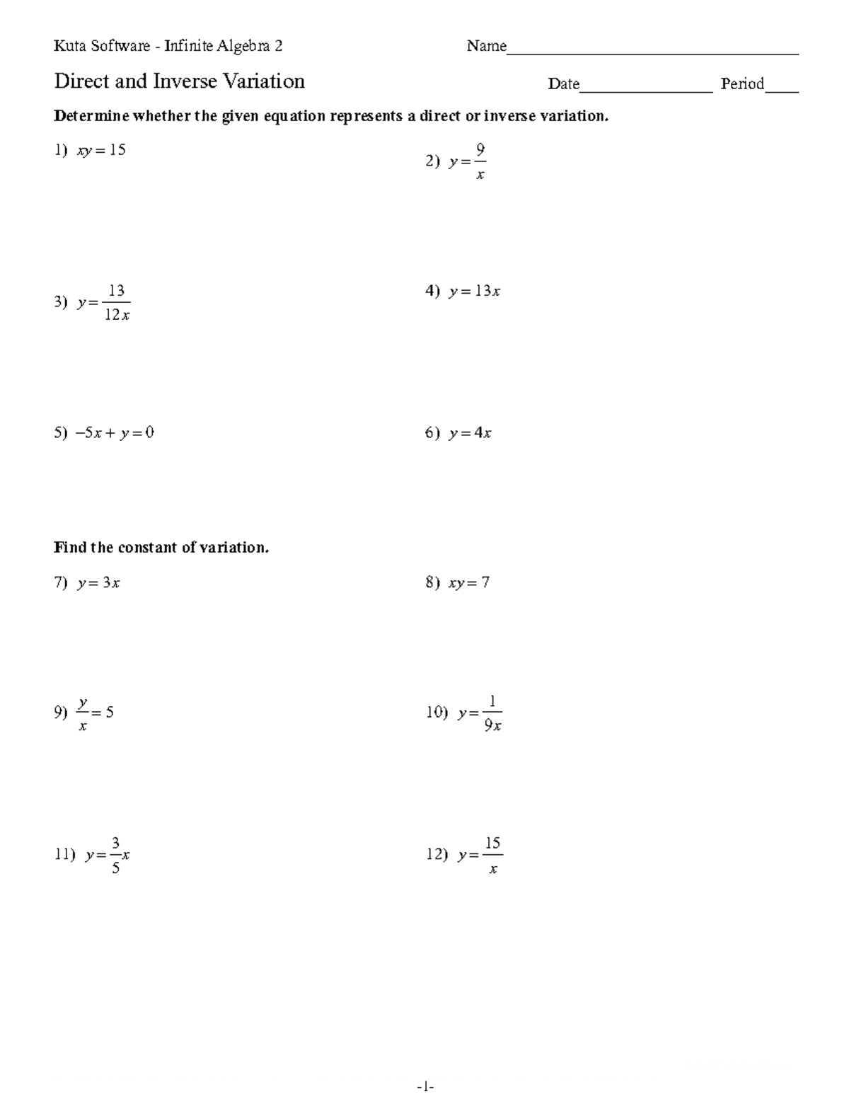 Direct and Inverse Variation Worksheet I2u0c2s2G - Studocu