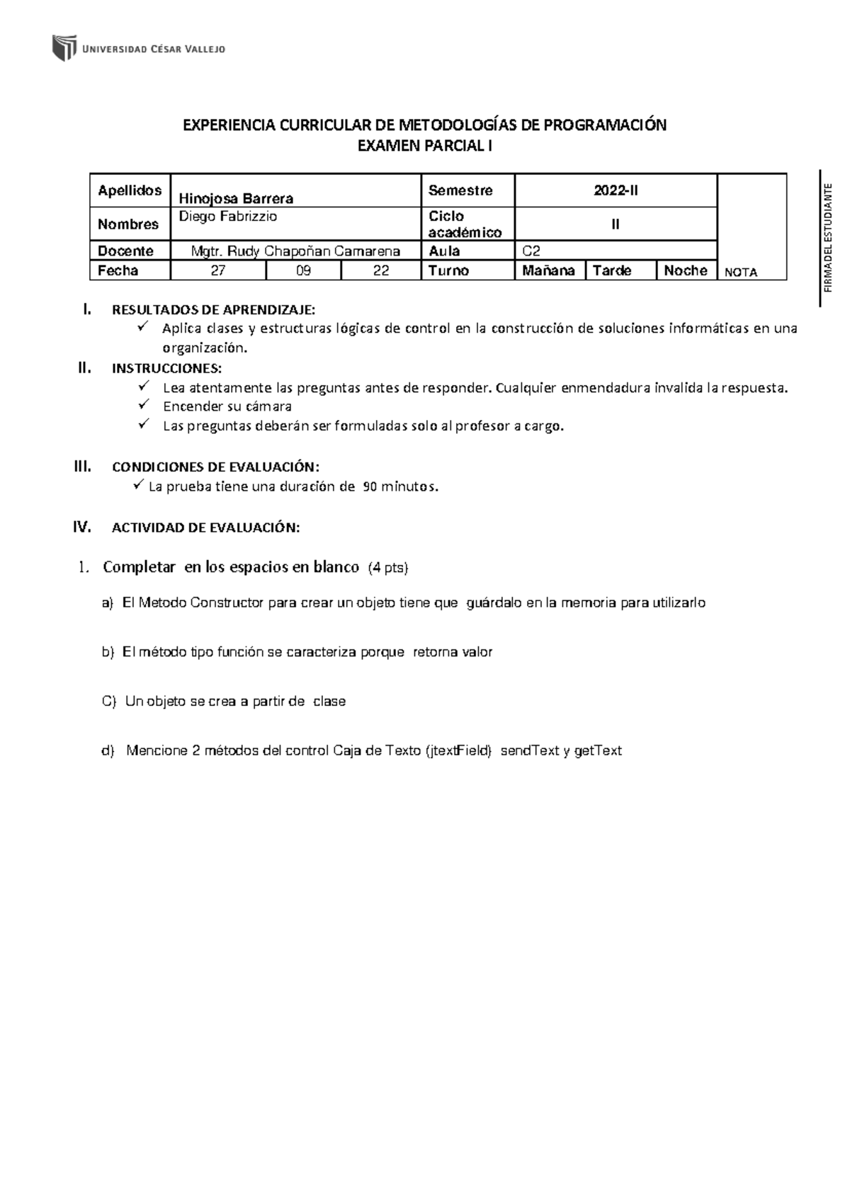 Examen 1 MP Noche 2022 02 - EXPERIENCIA CURRICULAR DE METODOLOGÕAS DE PROGRAMACI”N EXAMEN ...