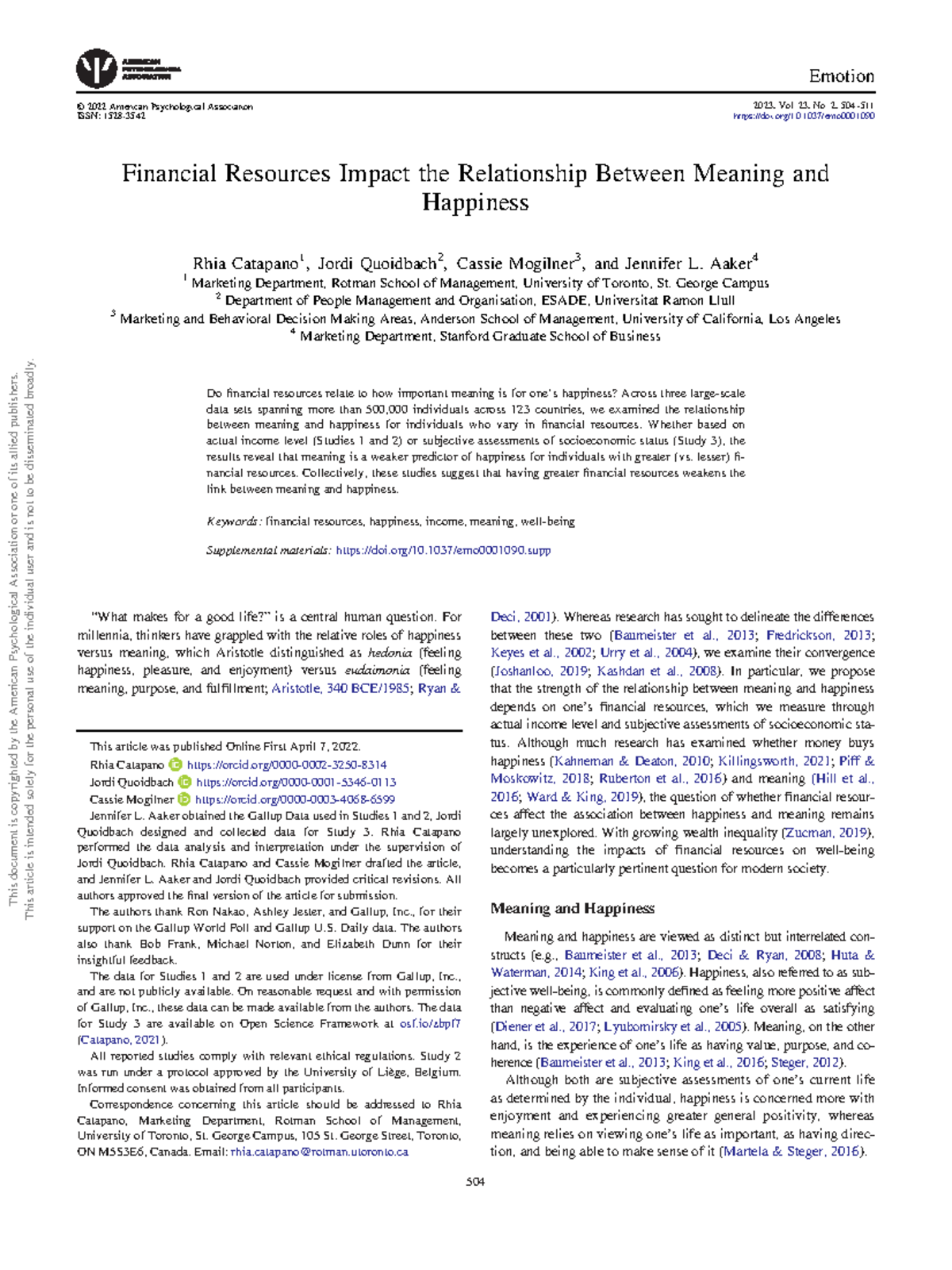 Financial Resources and Their Impact on Meaning and Happiness: A Global ...