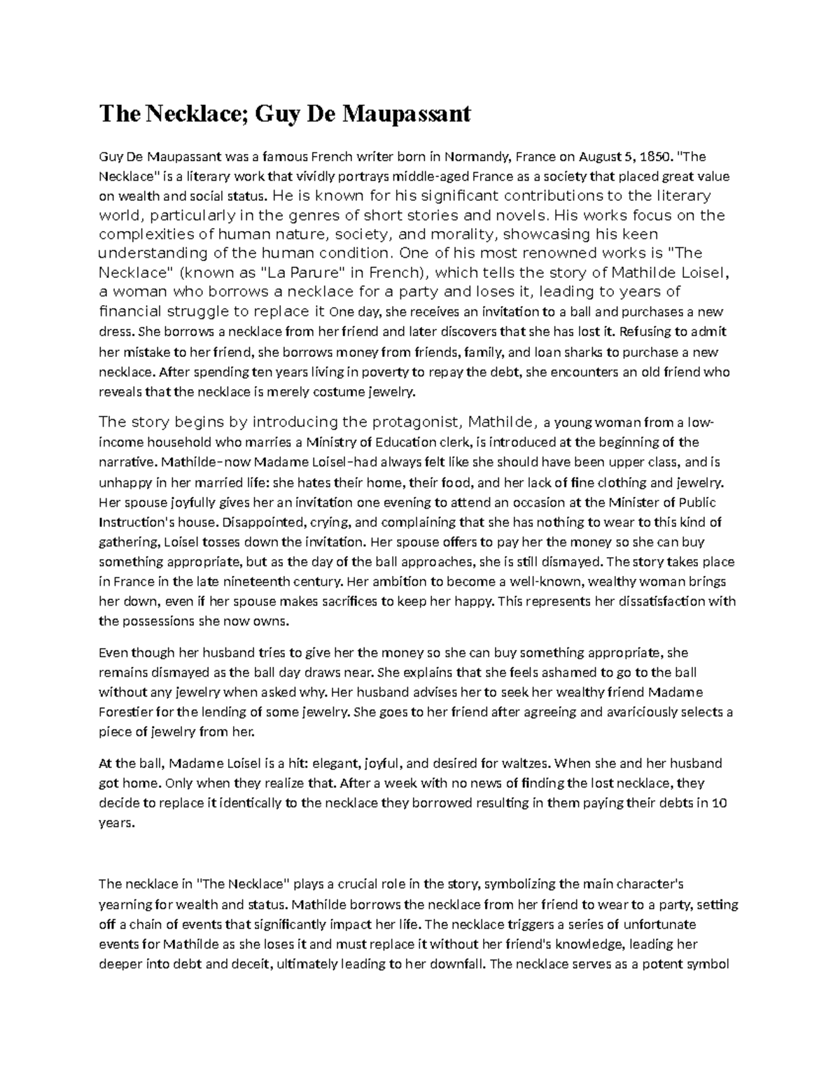 The Necklace - CRITIQUE PAPER Analysis of Maupassant's Short Story ...