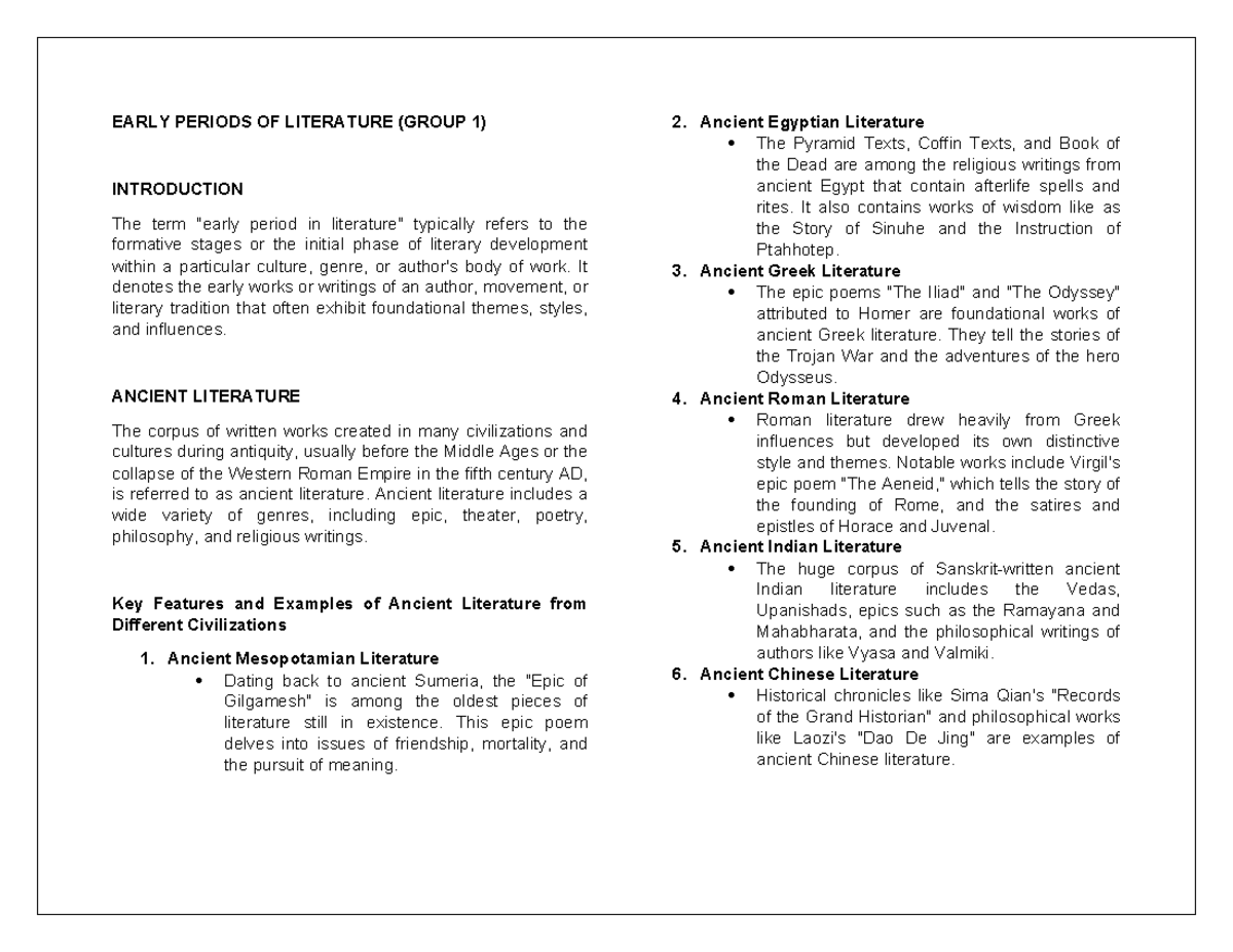 Early Periods of Literature Handout and Analysis - Studocu