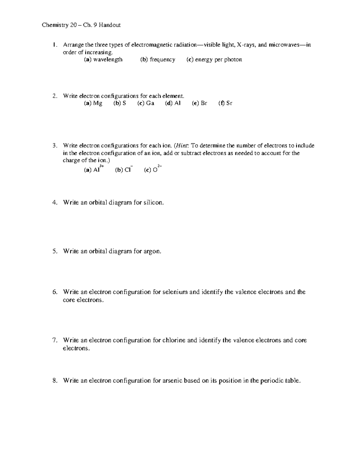 Chemistry 20 Ch. 9 Handout: Electron Configurations & Trends - Studocu