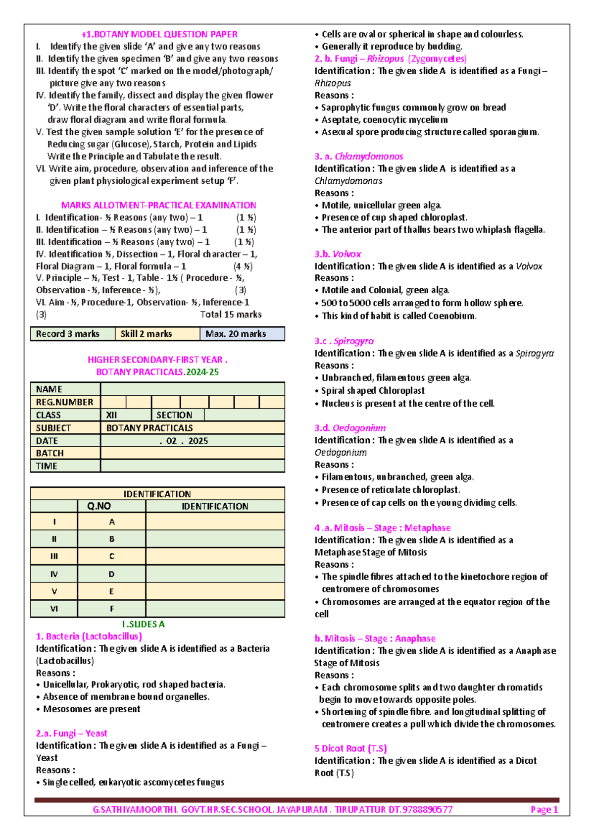 XII BOTANY PRACTICALS - MODEL QUESTION PAPER I (2025) - Studocu