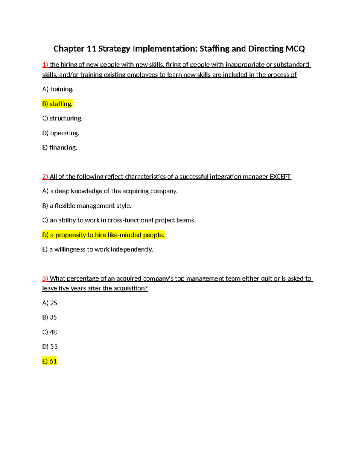 Chapter 11 Strategy Implementation MCQ: Staffing and Directing Insights ...