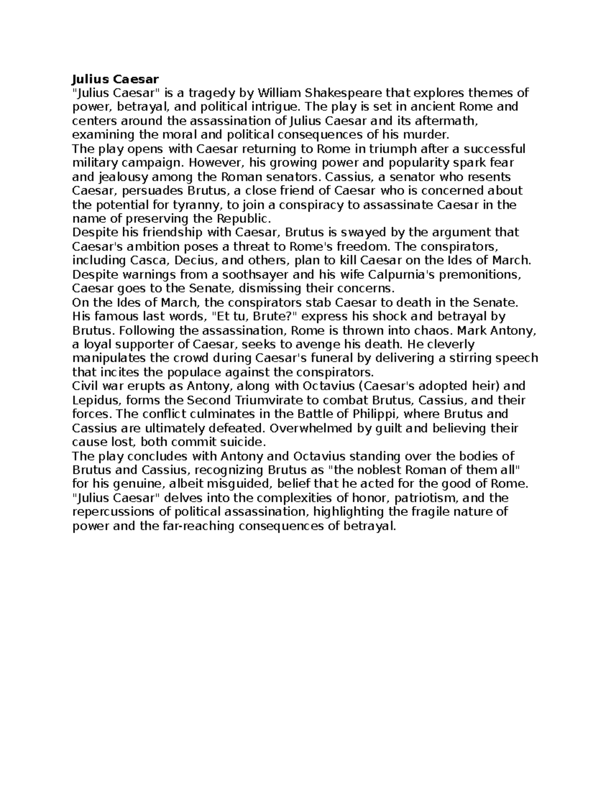 Julius Caesar (ENG 101) - Key Themes and Summary Analysis - Studocu