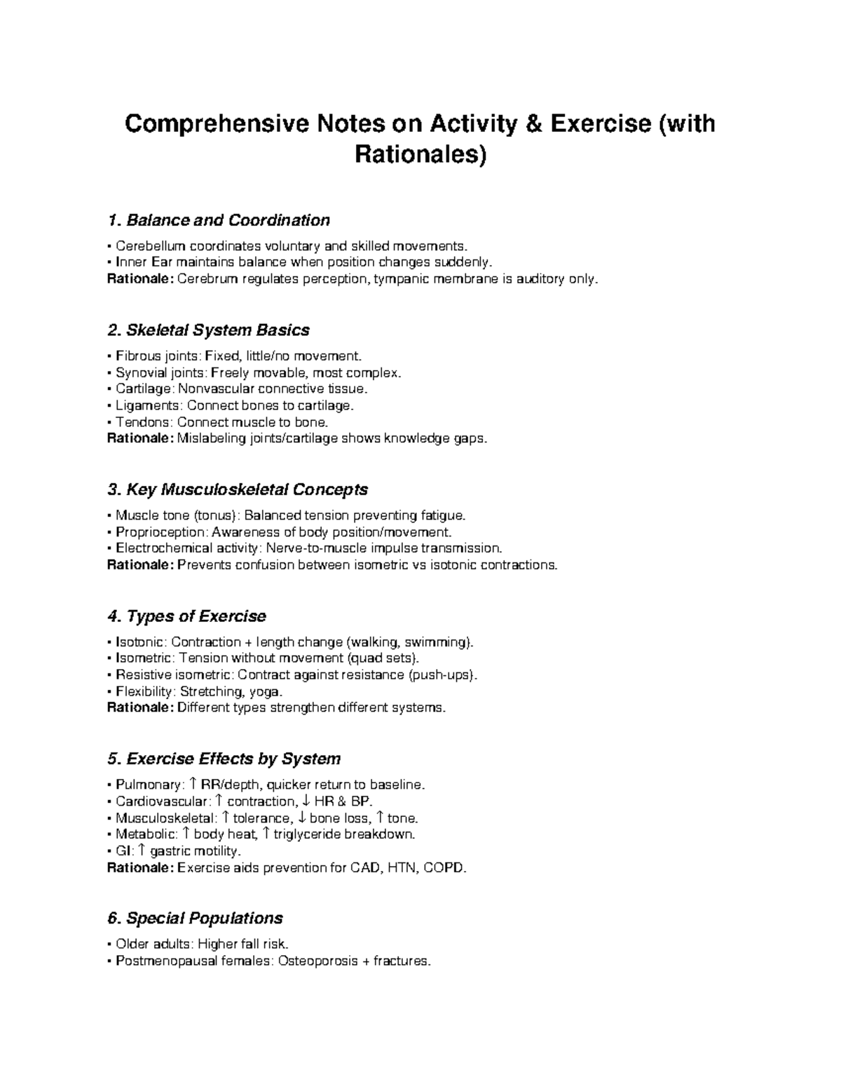 Activity Exercise Notes: Balance, Coordination, and Musculoskeletal ...