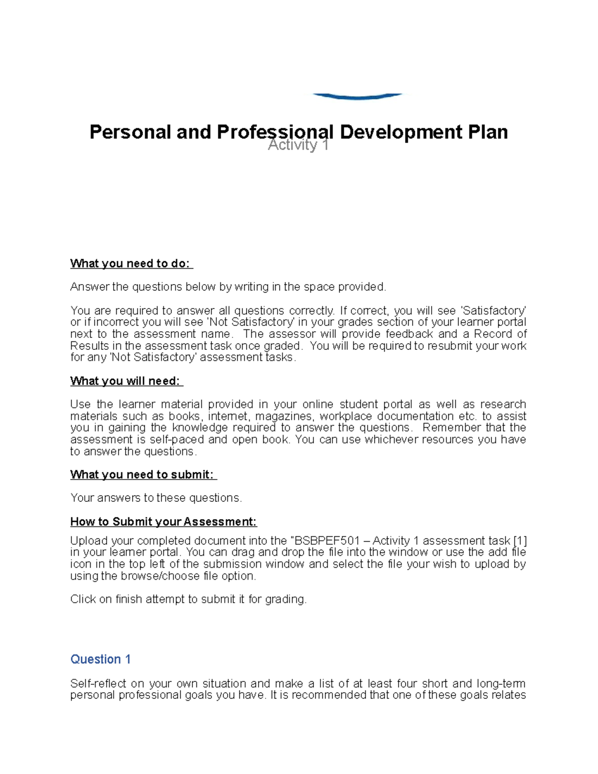 Bsbpef 501 - Personal & Prof. Development Plan: Assessment Guide v1 ...