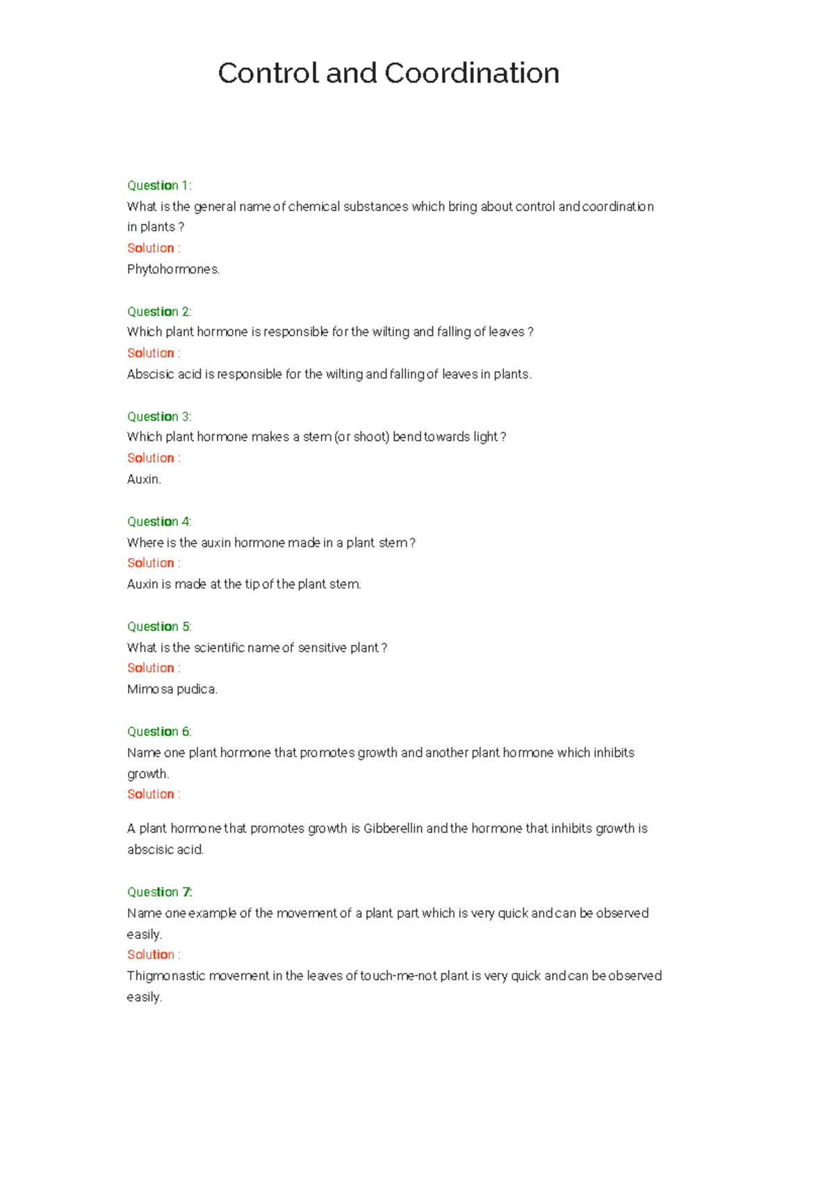 Chapter 2 – Control and Coordination (Biology Class 10) - Studocu