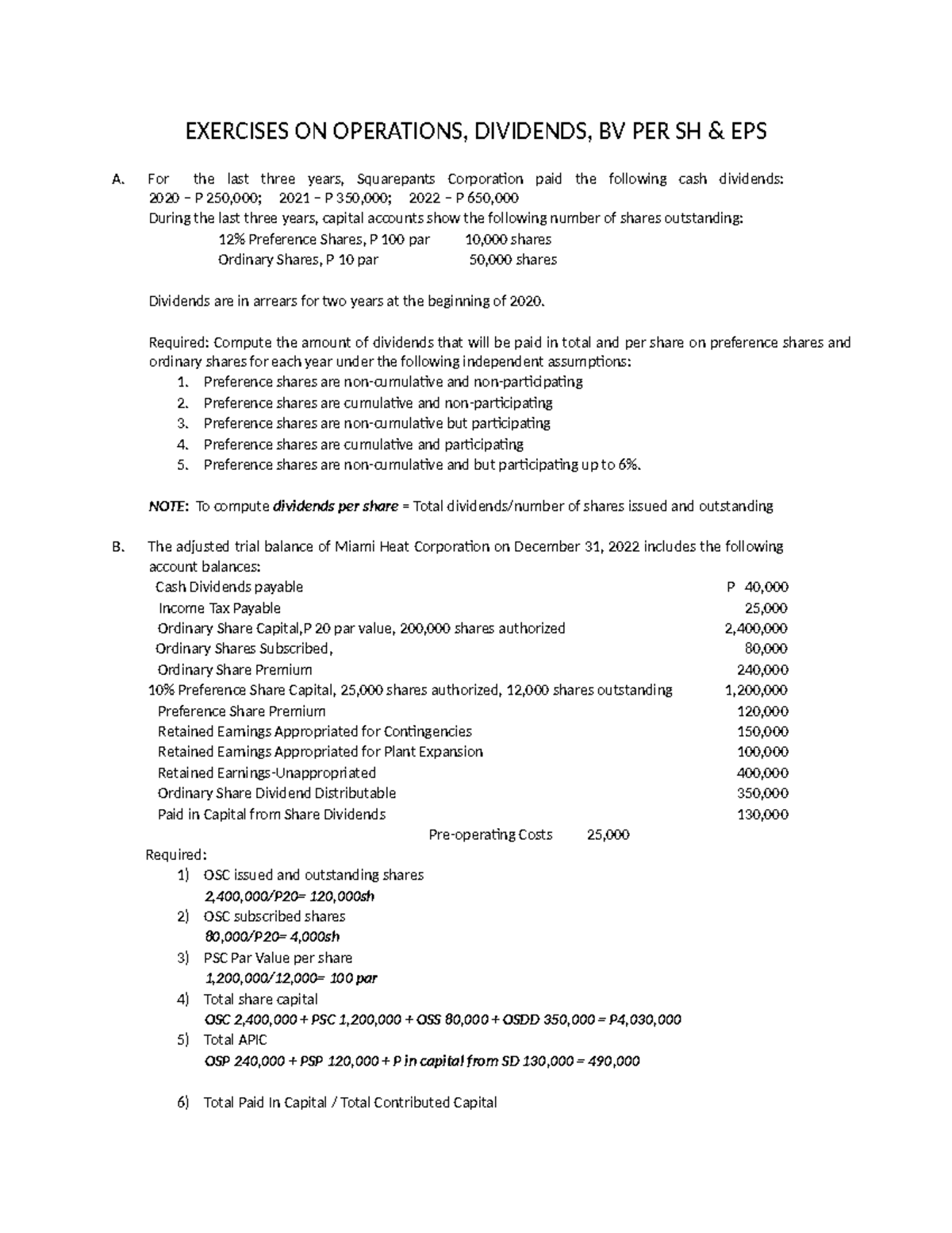 Dividends Exercises: Operations, BV per Share, and EPS Analysis - Studocu