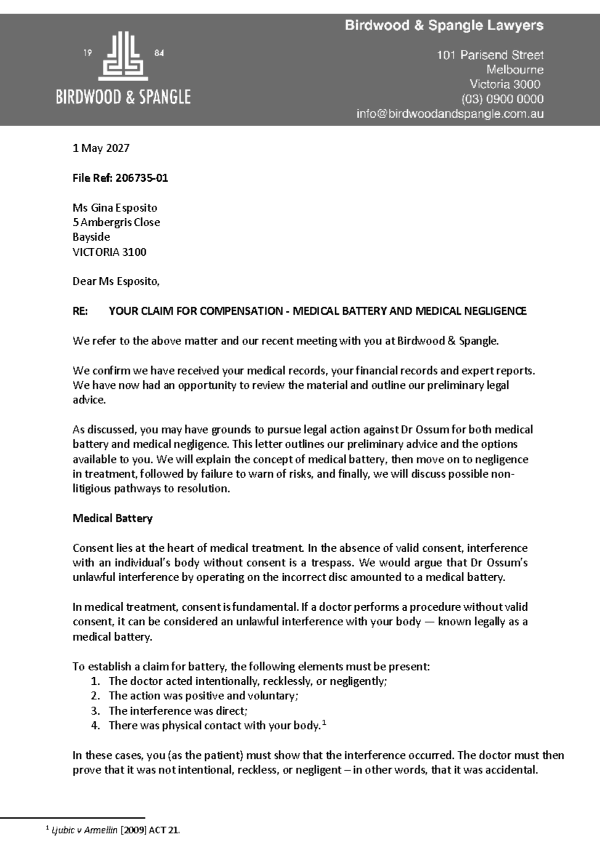 Letter to Client: Legal Advice on Medical Battery & Negligence - Studocu
