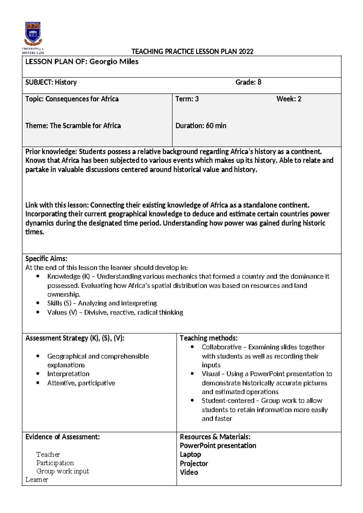 History Lesson Plan - The Scramble for Africa (Grade 8) - Studocu