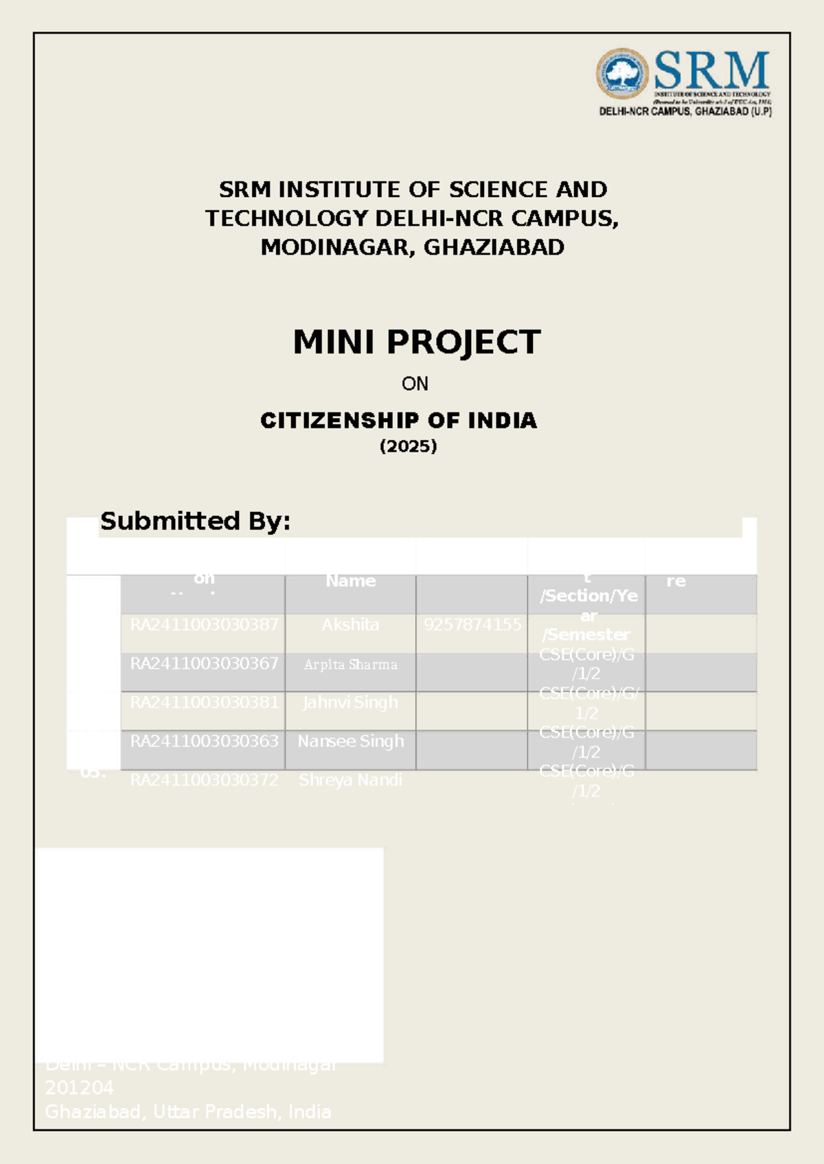 CSE B.Tech Mini Project: Citizenship of India (2024-2025) - Studocu