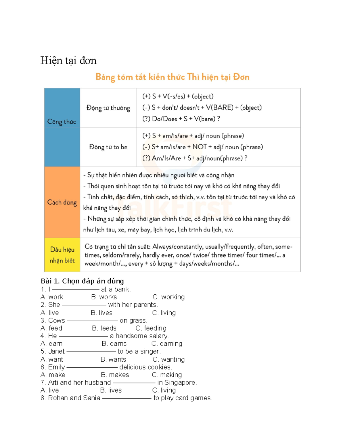Present Simple Tense Exercises and Practice - English 101 - Studocu